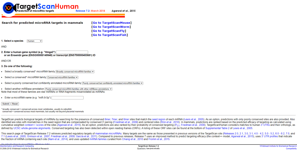 TargetScan：miRNA靶基因数据库_预测