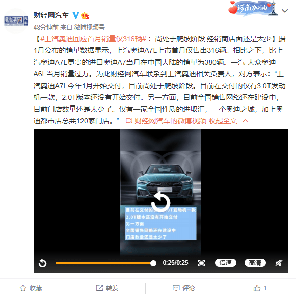 奥迪A7L首月销量316辆，比进口A7还少，只因2.0T车型尚未交付？_搜狐汽车_搜狐网