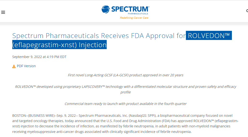 香港迈极康 | 20多年来首款！Rolontis（eflapegrastim）获FDA批准上市_粒细胞_化疗_中性