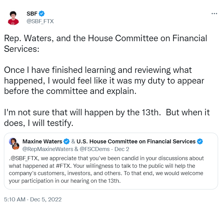 SBF：一旦了解清楚事件经过，愿意就 FTX 崩盘在国会作证_进行_美国众议院_有关