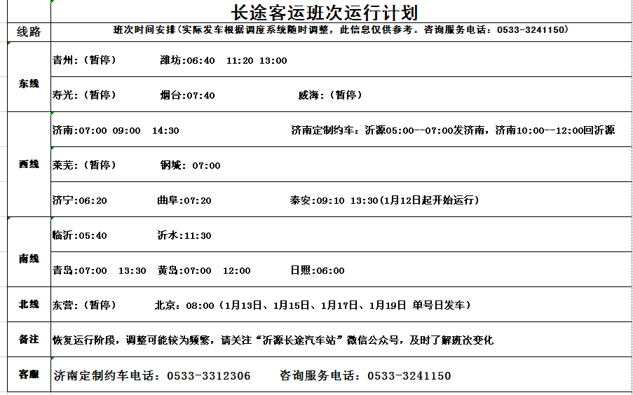 沂源长途汽车站长途、城乡发车时刻表（最新） 大图 线路 守护