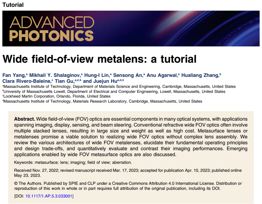 Adv. Photon. |宽视场超构透镜助力光学成像系统_技术_设计_器件
