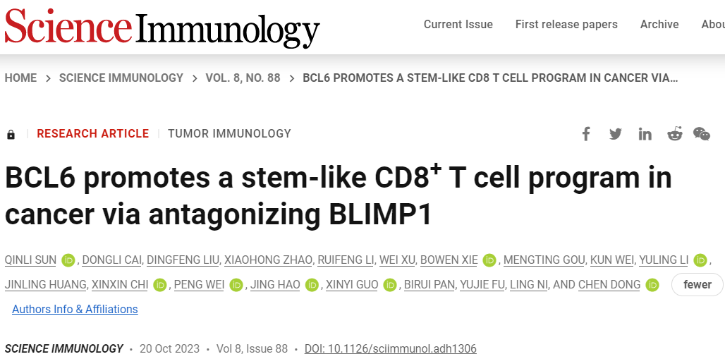 Sci Immunol | 清华大学董晨团队揭示抗肿瘤CD8+T细胞调控新机制_Tprog_Tterm_研究